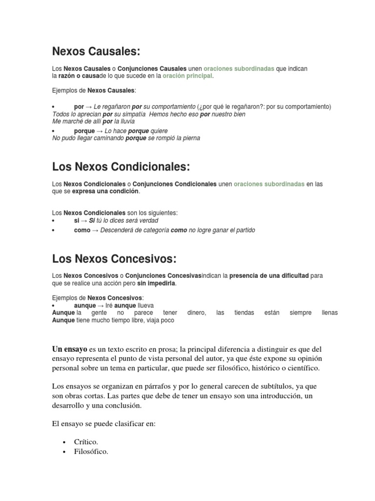 Tipos de Nexos y Ensayos | PDF | Ensayos | Oración (Lingüística)