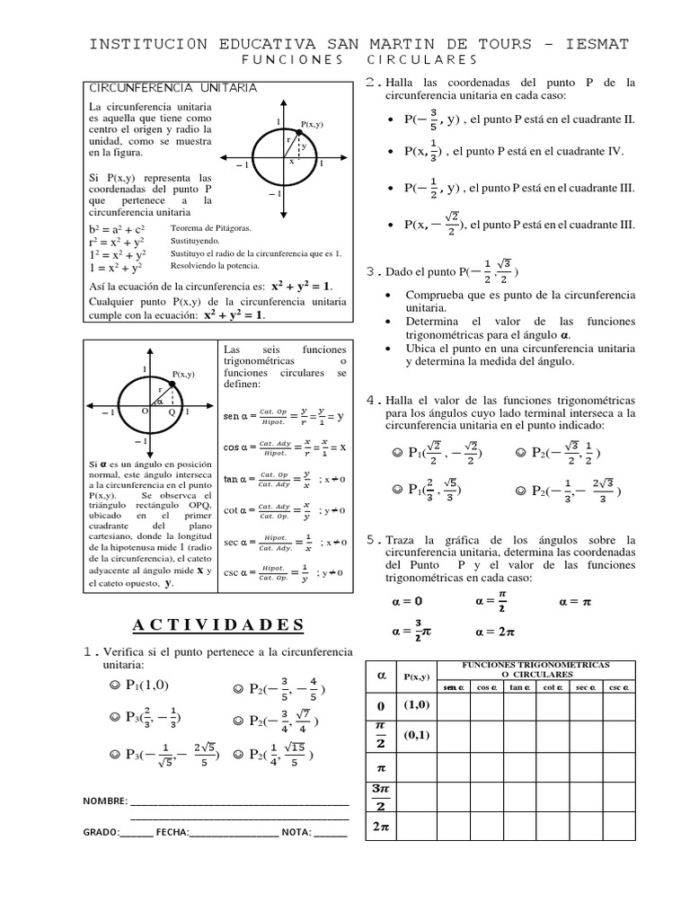 Guia 14. Funciones Circulares | PDF | Funciones trigonométricas | Circulo