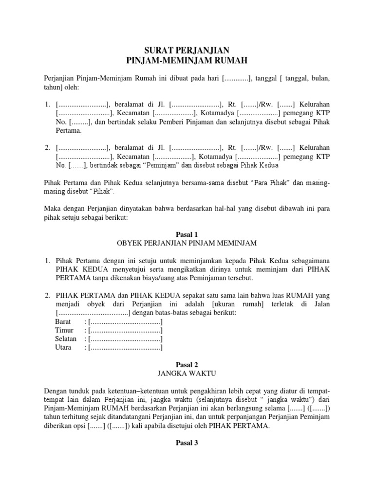 Contoh Surat Perjanjian Pinjam Meminjam Rumah Yang Resmi Format Word | PDF