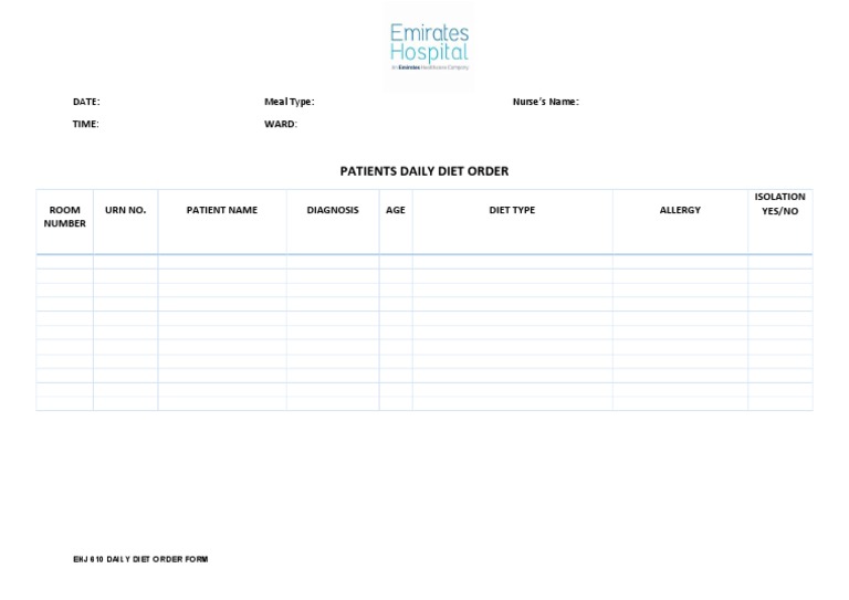 A Daily Diet Order Form Providing Meal Plans for Patients Across ...