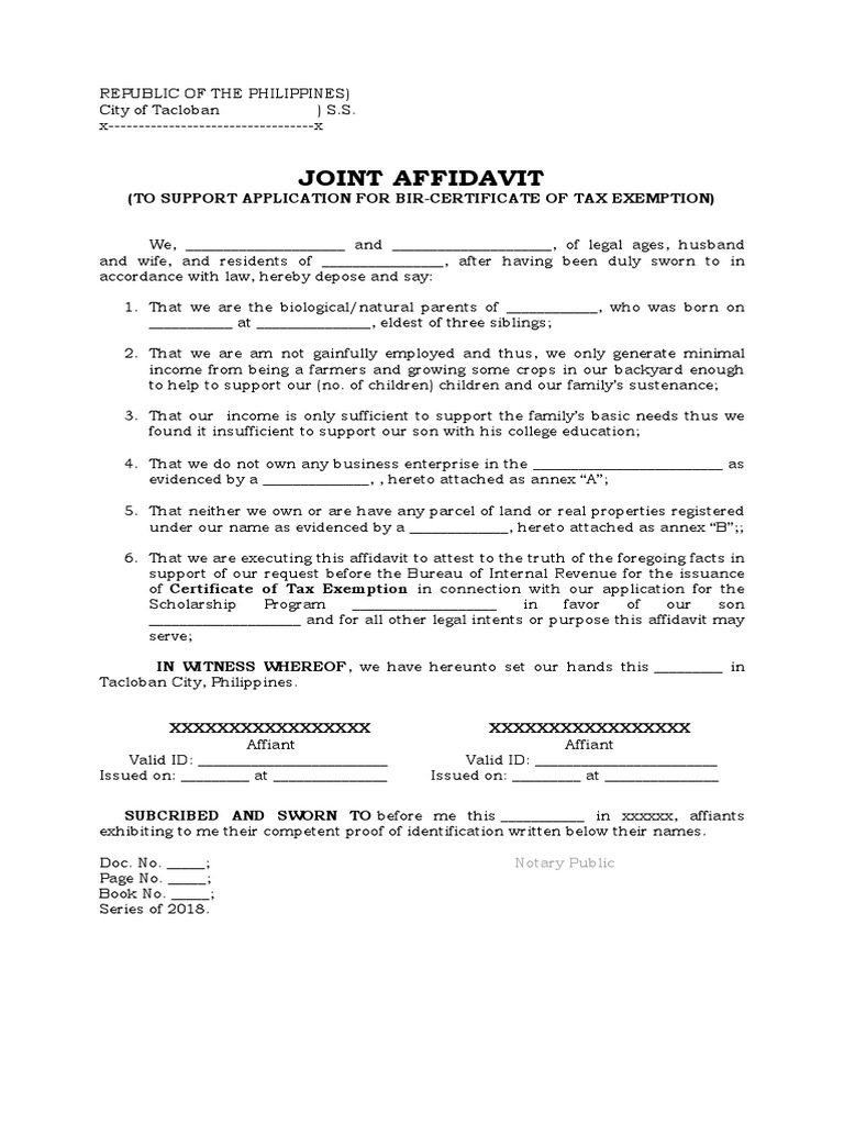 Affidavit for BIR Tax Exemption Certificate | PDF | Affidavit | Public Law