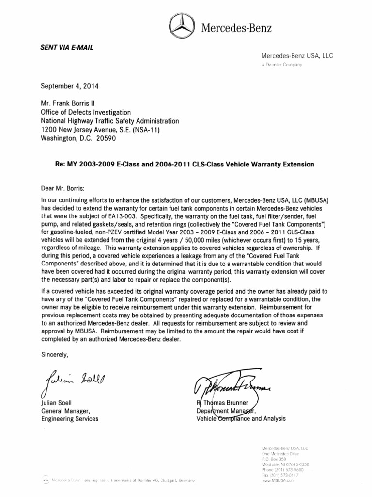 Mbusa - Nhtsa Letter | PDF | Mercedes Benz | National Highway Traffic ...