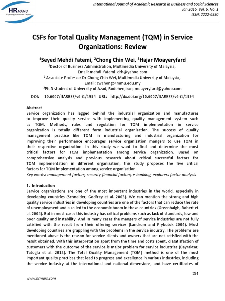 CSFs For Total Quality Management (TQM) in Service Organizations Review PDF | PDF | Quality ...