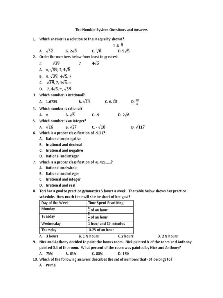 The Number System Sample Questions and Answers | Numbers | Rational Number