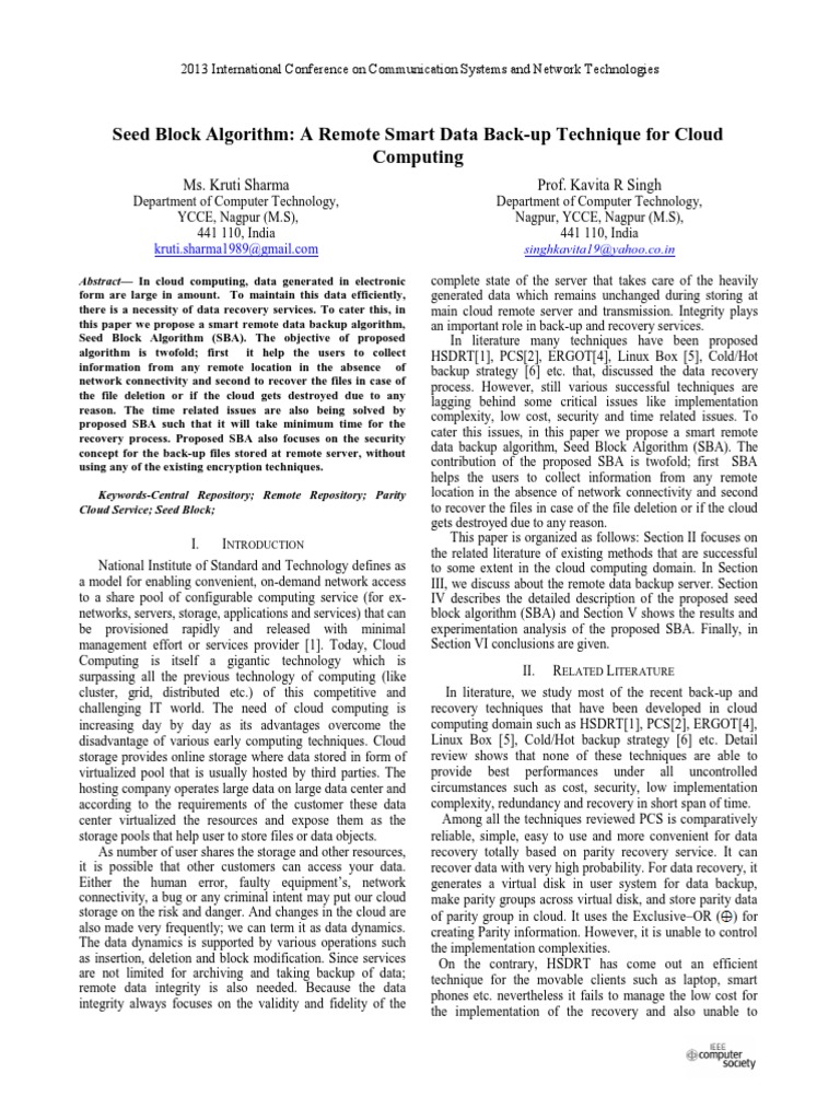 Seed Block Algorithm A Remote Smart Data Back-Up Technique For Cloud Computing | PDF | Backup ...