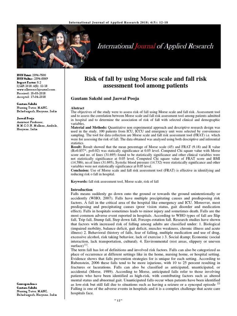 Risk of Fall by Using Morse Scale and Fall Risk Assessment Tool Among ...