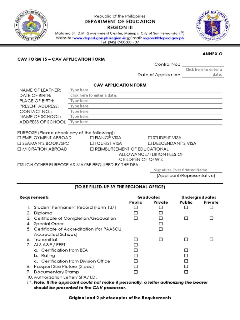 Cav Fillable Form 9_13 | Travel Visa | Government And Personhood
