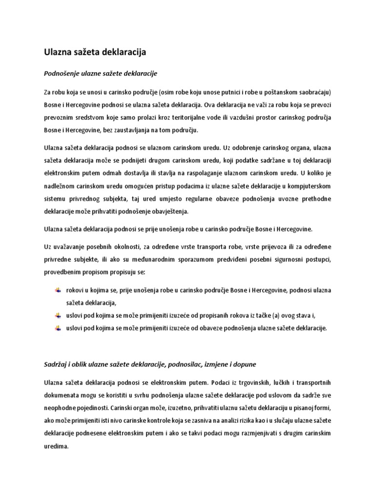 Ulazna Sazeta Deklaracija | PDF