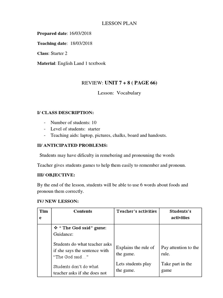 Lesson Plan: Prepared Date: 16/03/2018 Teaching Date: 18/03/2018 Class ...