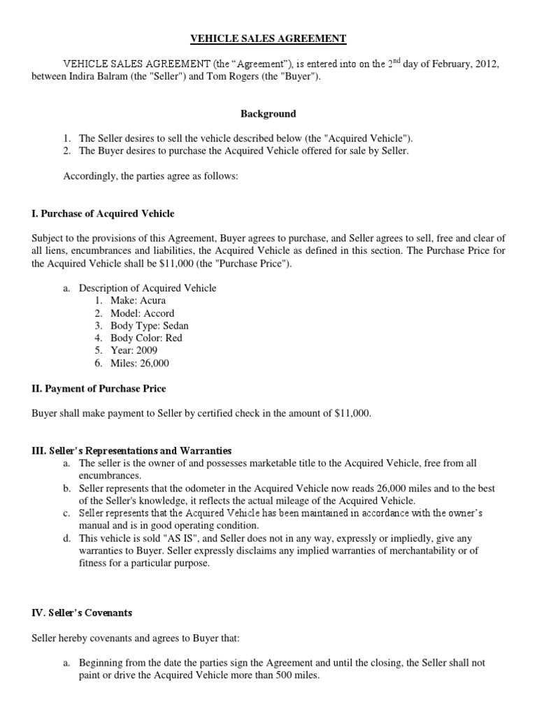Vehicle Sales Agreement Example | PDF | Sales | Implied Warranty