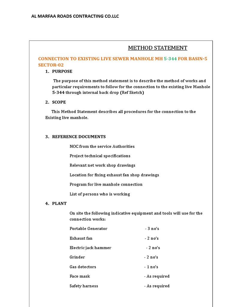 Method Statement Connection To Ex Mhin Basin 17 Sec-02 MH 25 | PDF