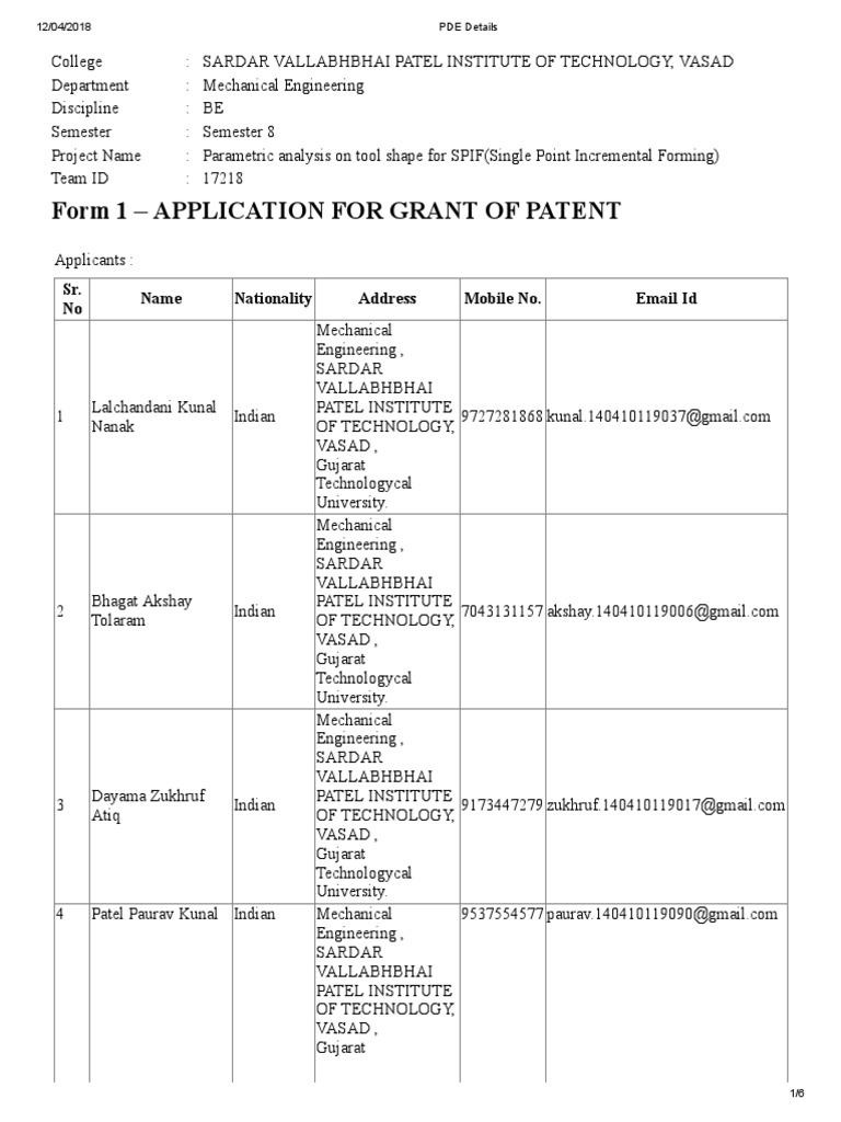 Form 1 - Application For Grant of Patent | PDF | Sheet Metal ...
