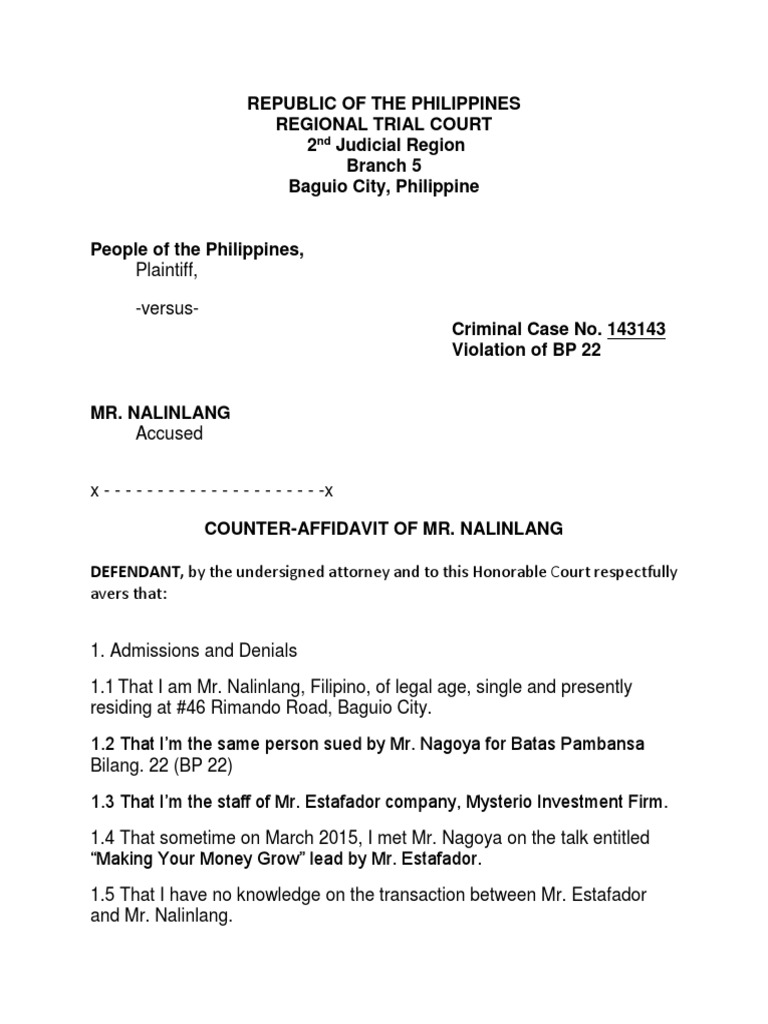Counter Affidavit of Mr. Nalinlang | PDF | Affidavit | Virtue