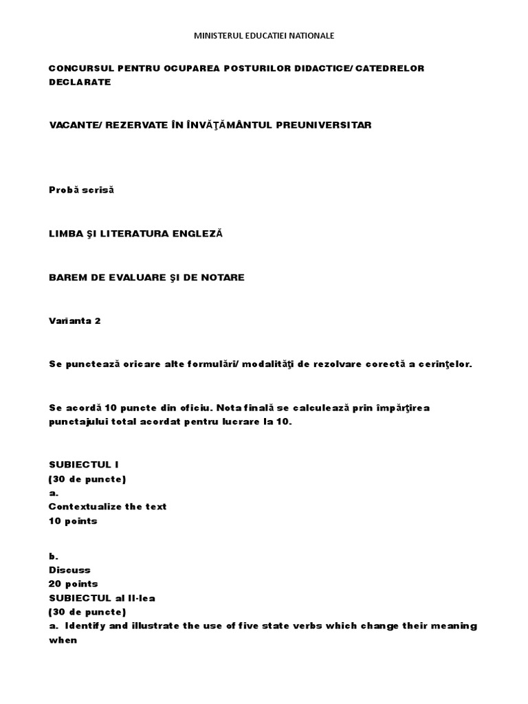 Concursul Pentru Ocuparea Posturilor Didactice/ Catedrelor Declarate | PDF