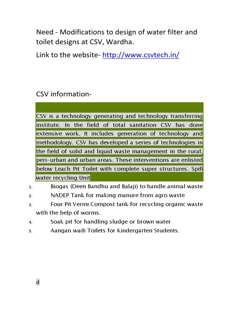 Need - Modifications To Design of Water Filter and Toilet Designs at ...