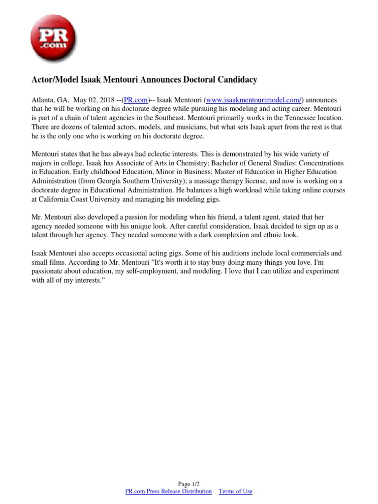 Actor/Model Isaak Mentouri Announces Doctoral Candidacy | PDF | Academic Degree | Doctorate