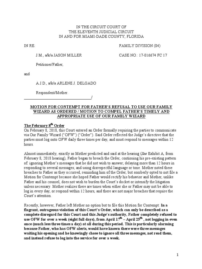 Motion For Contempt Against Jason Miller For Refusal To Use OFW As ...