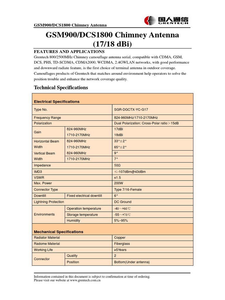 Gsm900/Dcs1800 Chimney Antenna (17/18 Dbi) : Technical Specifications ...