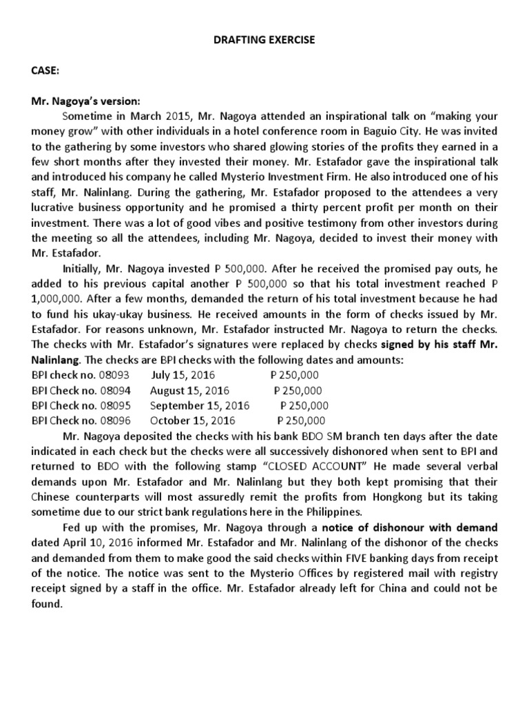 Drafting Exercise Case: Mr. Nagoya's Version | PDF | Cheque | Investing