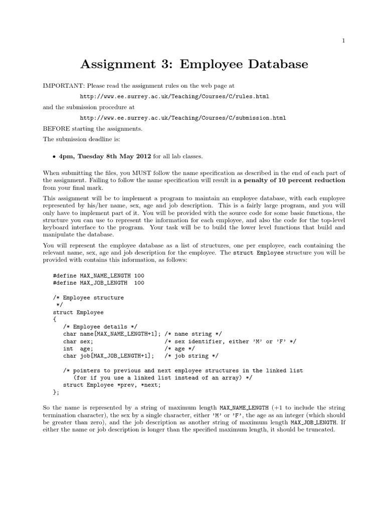 Assignment 3: Employee Database: - 4pm, Tuesday 8th May 2012 For All Lab Classes | Download Free ...
