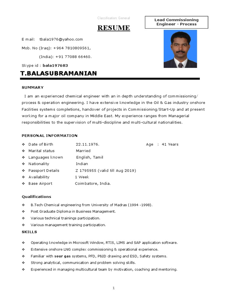 Lead Commissioning Engineer - Process Bala Resume | PDF | Energy Technology | Chemical Process ...