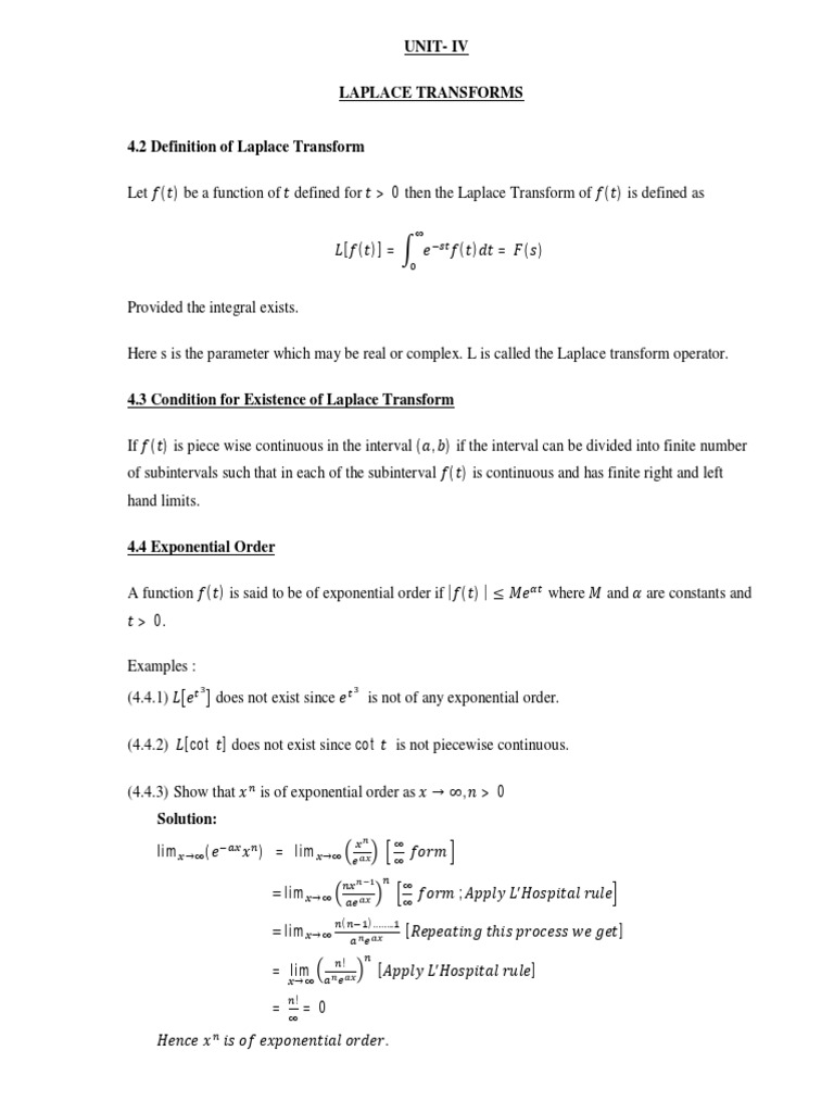 Unit - IV Laplace Transfroms | PDF | Laplace Transform | Exponential ...