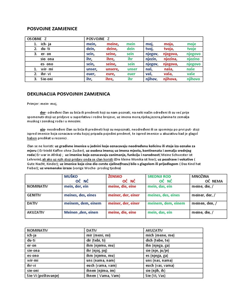 Posvojne Zamjenice I Deklinacija | PDF