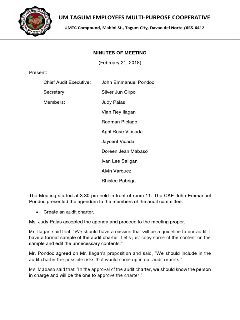 Minutes of Meeting Audit Charter | Internal Audit | Risk Management ...