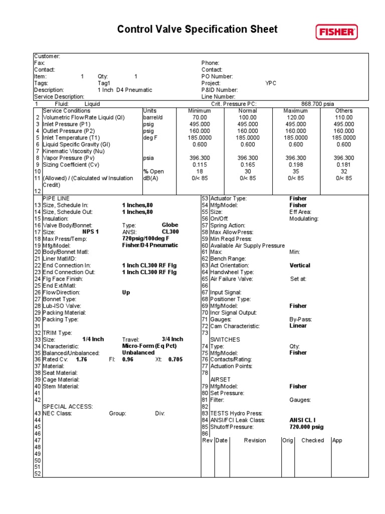 Control Valve Specification Sheet | PDF | Valve | Pressure