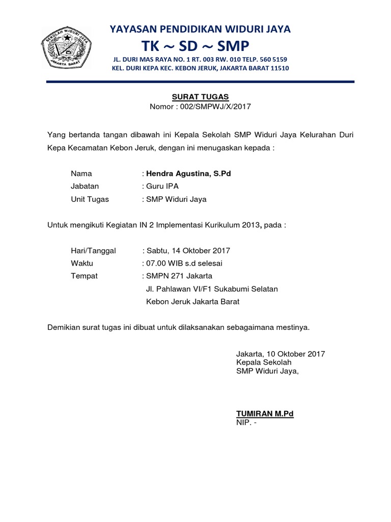Contoh Surat Tugas Pelatihan k13 | PDF