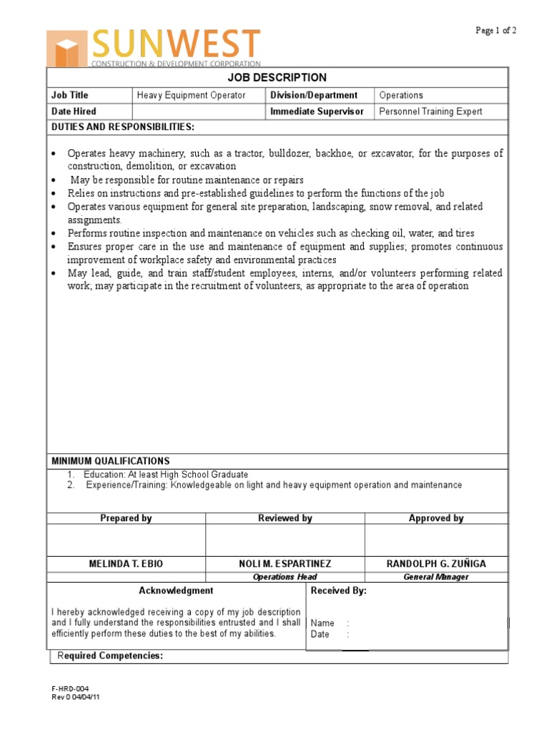 Heavy Equipment Operator Job Description | PDF | Heavy Equipment ...