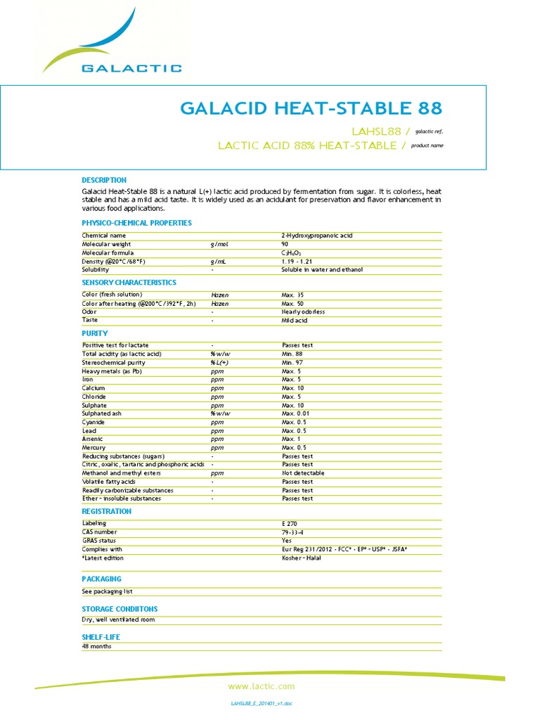 Galacid Heat-Stable 88 Overview | PDF | Lactic Acid | Chemical Substances