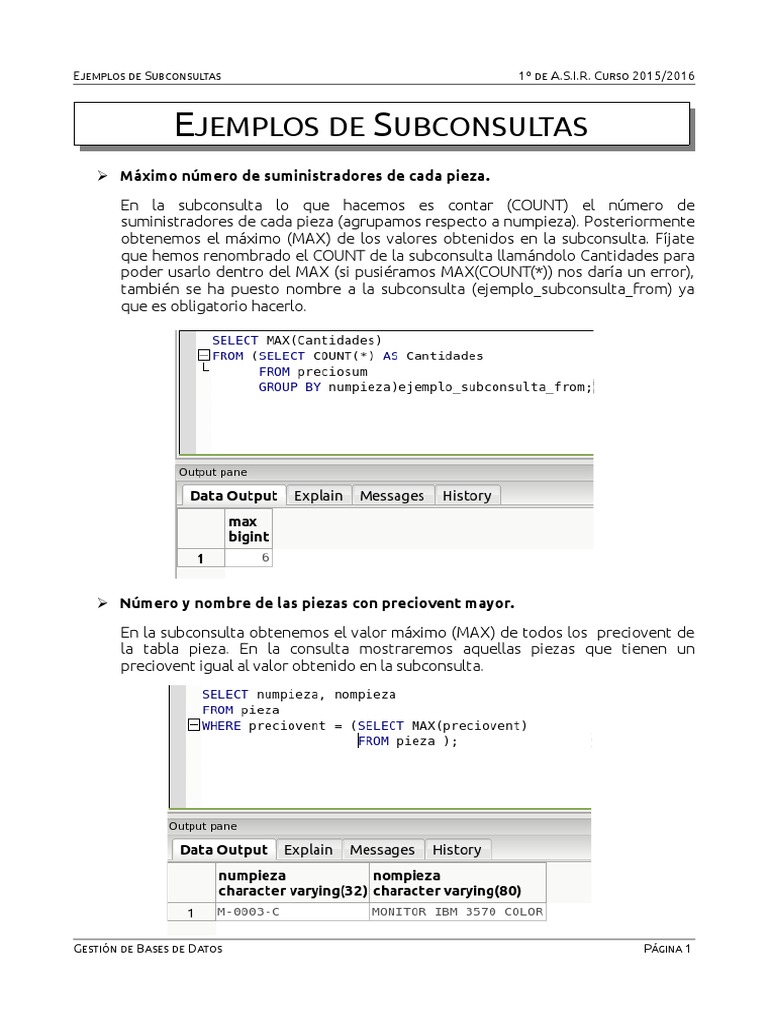 Ejemplos de Subconsultas | PDF | Tabla (base de datos) | Bases de datos