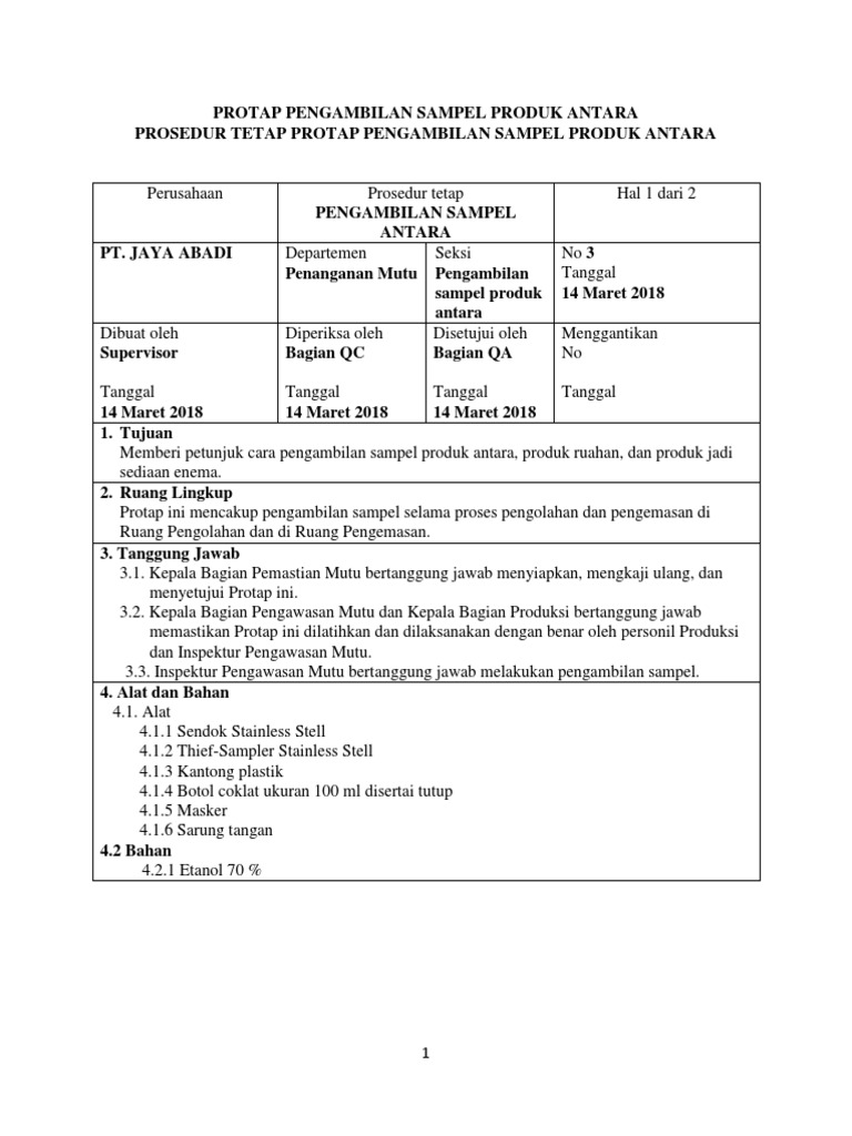 Protap Pengambilan Sampel Produk Antara | PDF