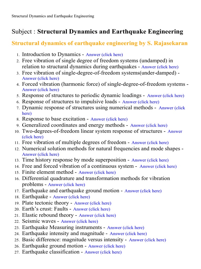Structural Dynamics and Earthquake Engineering - Lecture Notes, Study ...