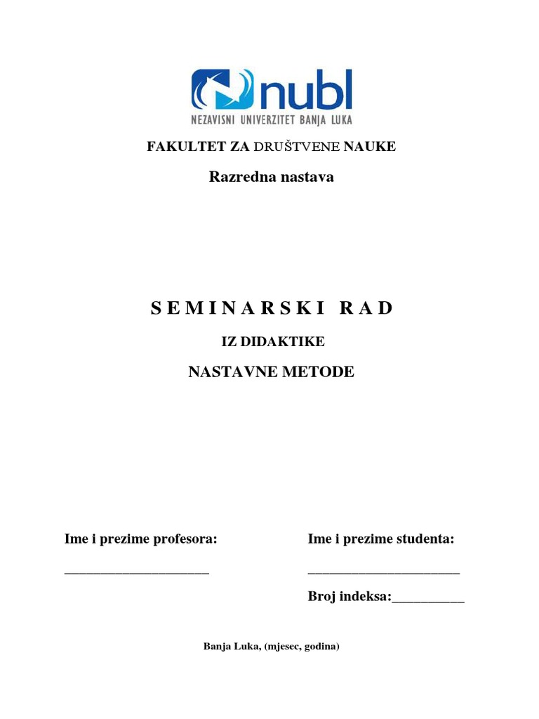 Nastavne Metode Seminarski | PDF