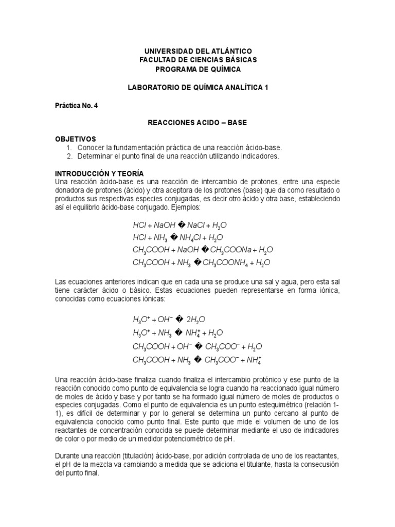 Práctica No. 4. Reacciones Ácido-Base | PDF | Sustancias químicas ...