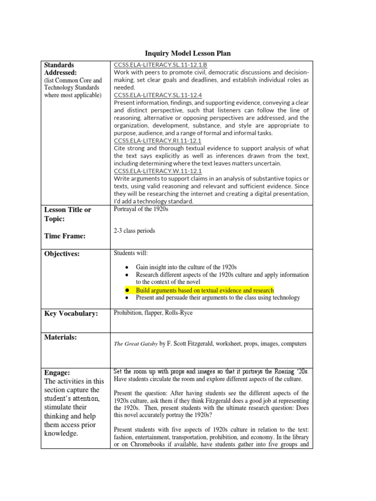 Inquiry Model Lesson Plan: Standards Addressed | PDF | Argument | Inquiry