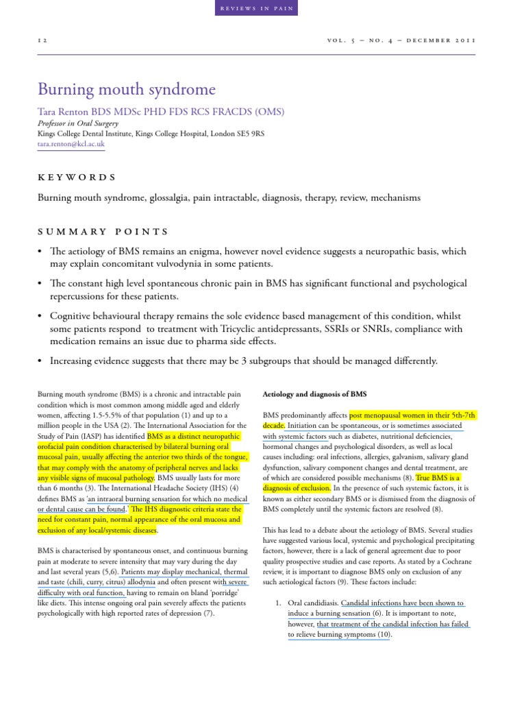 Burning Mouth Syndrome | PDF | Peripheral Neuropathy | Medical Specialties