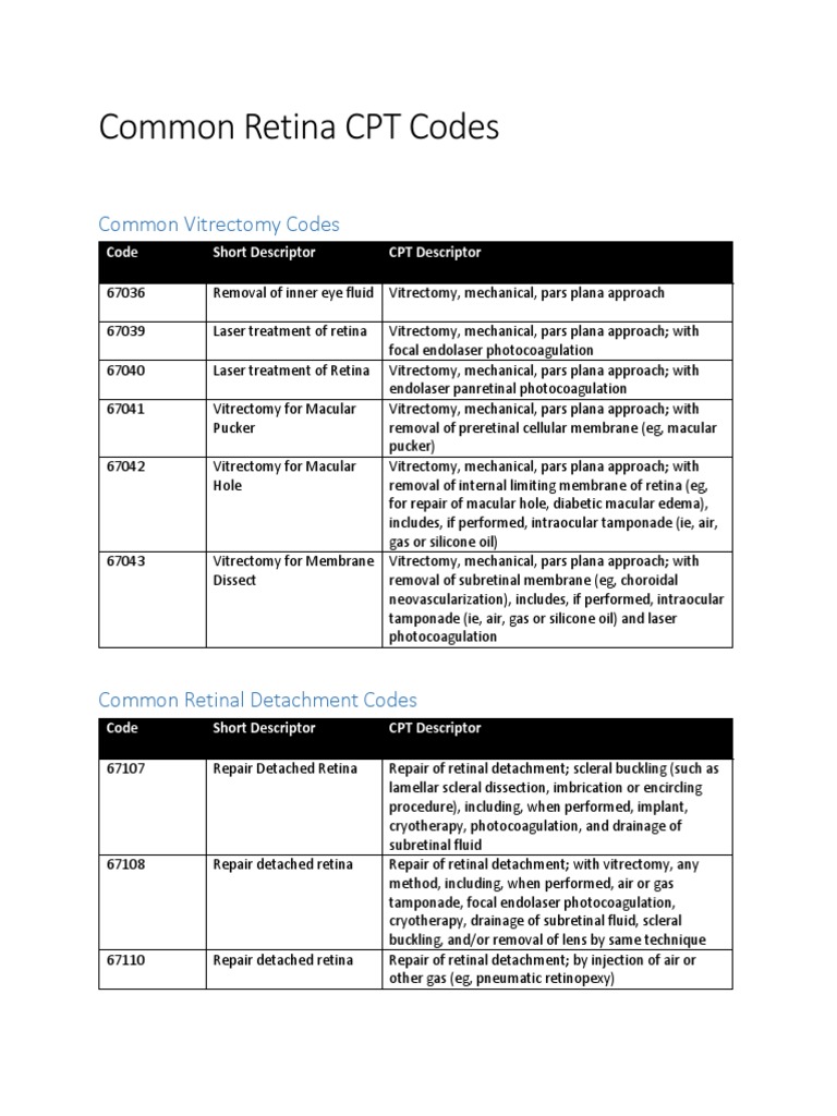Asrs Common Retina CPT Codes | PDF | Medical Procedures | Surgical ...