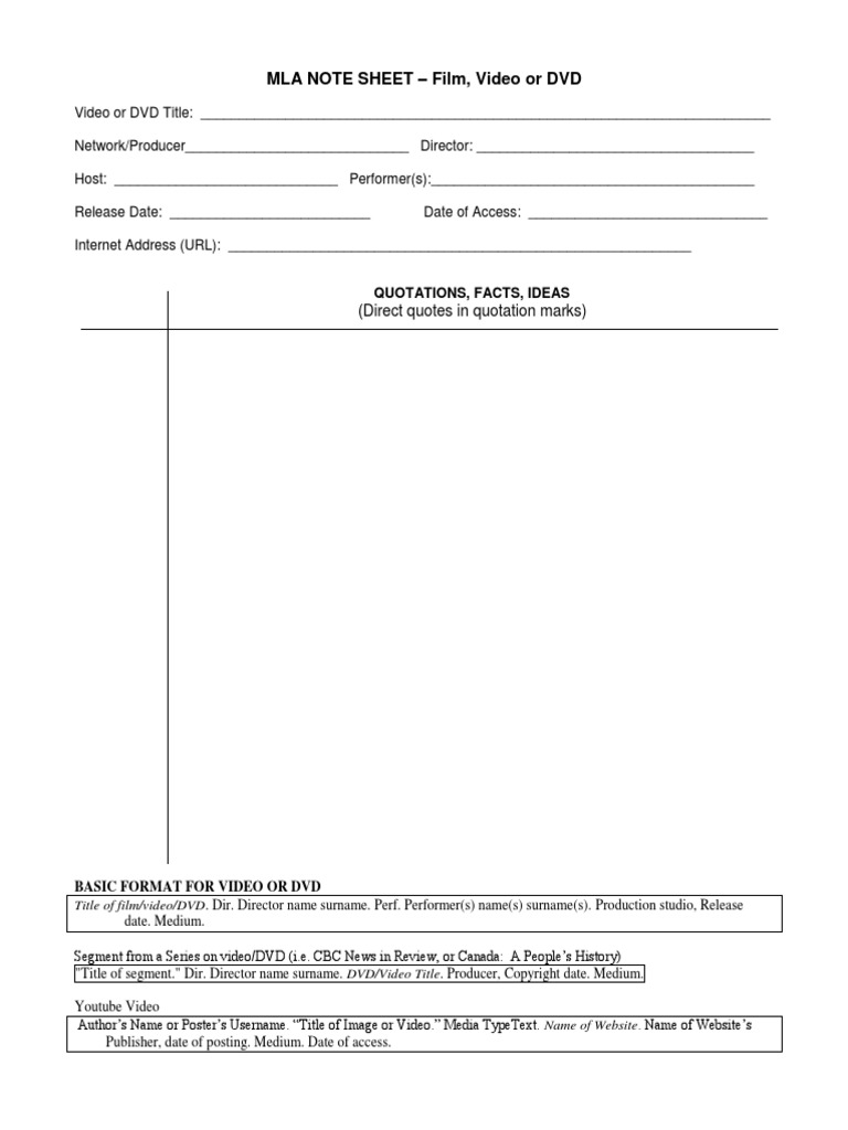 Mla Note Sheet - Film, Video or DVD: (Direct Quotes in Quotation Marks ...