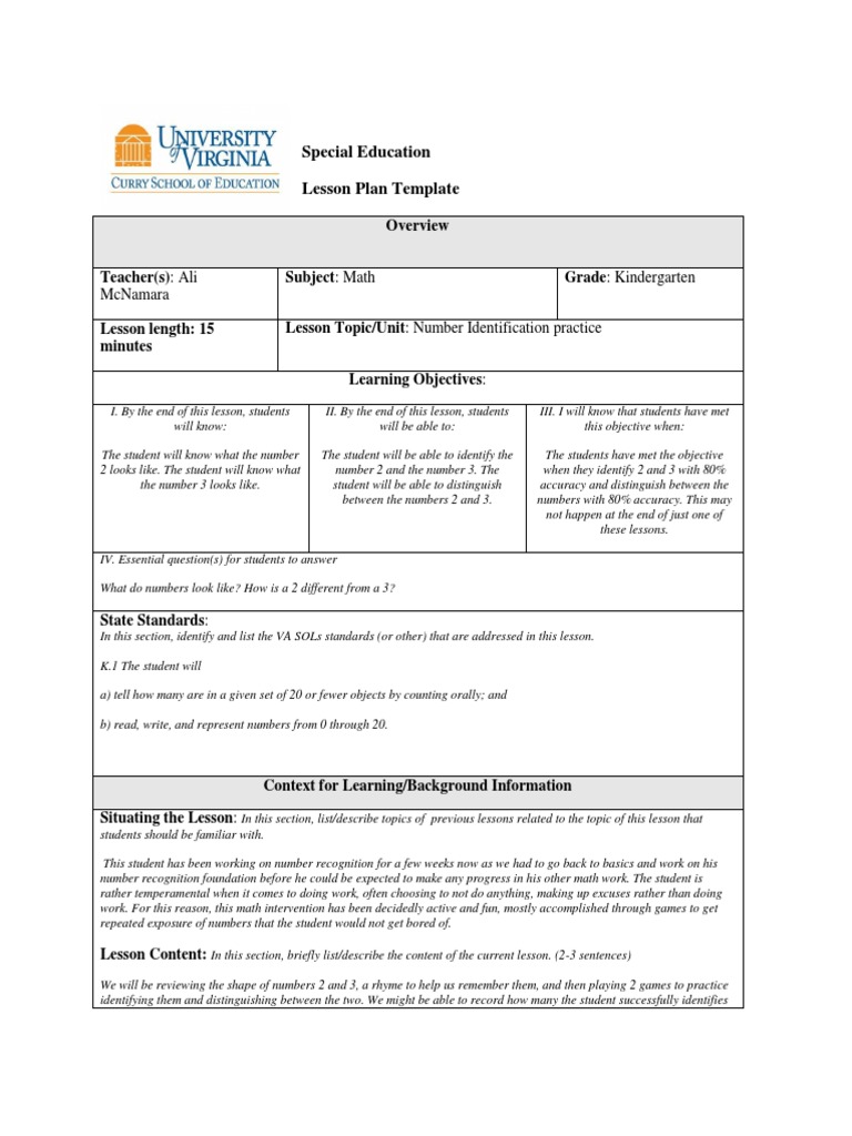 Special Education Lesson Plan Template: Mcnamara | Download Free PDF ...