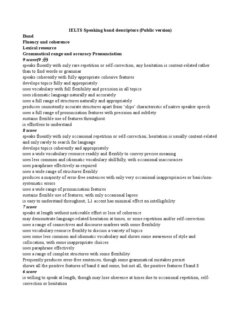 IELTS Speaking Band Descriptors (Public Version) | PDF | Fluency ...