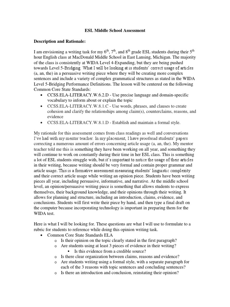 ESL Middle School Assessment Description and Rationale:: Ccss - Ela ...