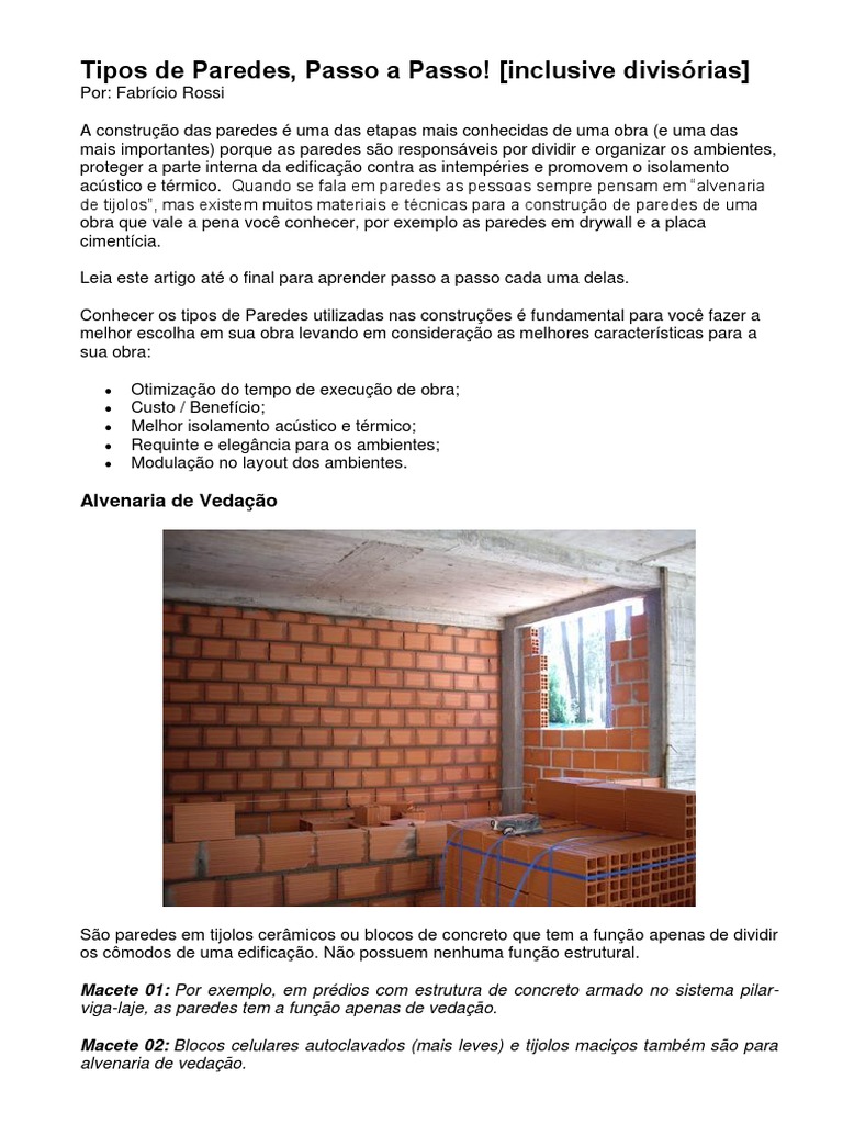 Tipos de Paredes | Download grátis PDF | Drywall | Alvenaria
