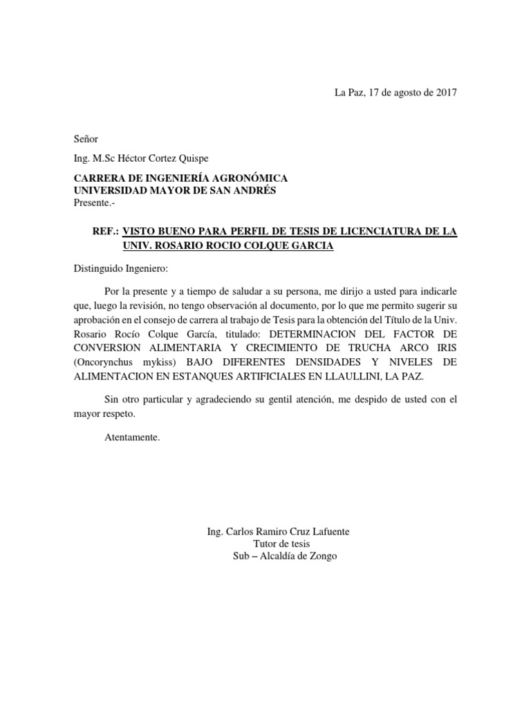 Carta Visto Bueno Tesis | PDF | Vertebrados Acuáticos | Industria pesquera Carta Visto Bueno Tesis | PDF | Vertebrados Acuáticos | Industria pesquera