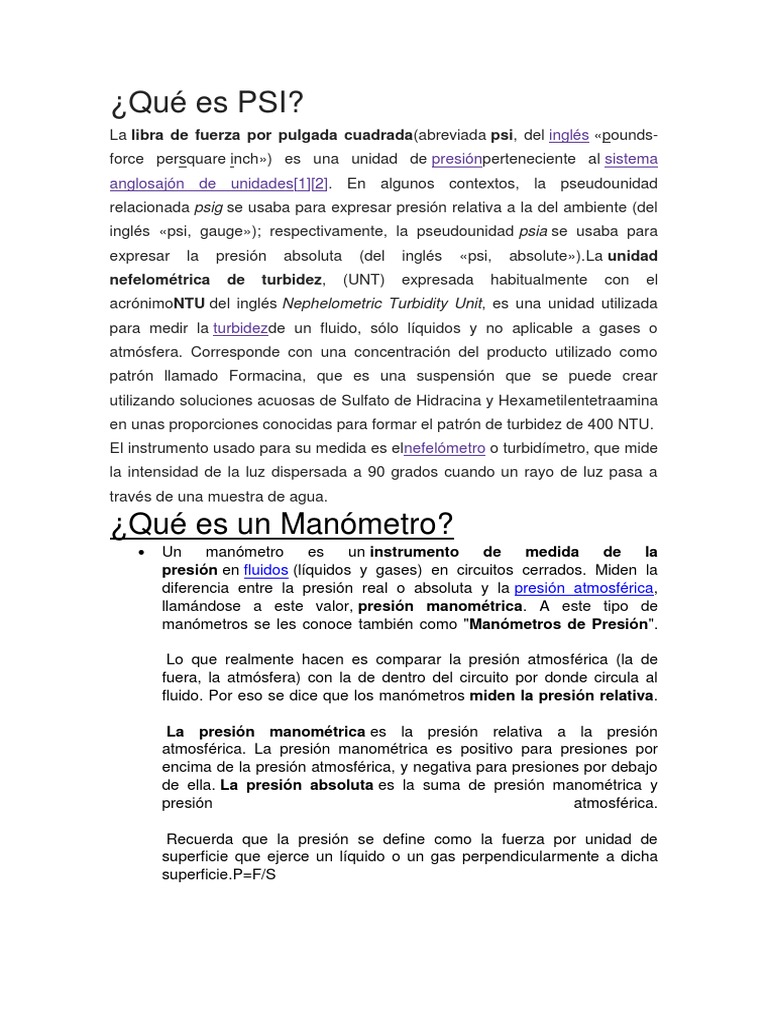 Definición y Uso de PSI y Manómetros | PDF | Fases de la materia ...