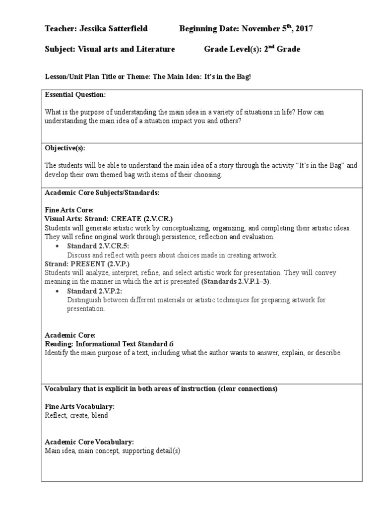 Main Idea-Its in The Bag Lesson Plan | PDF | Drawing | Lesson Plan