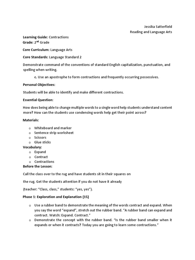 Contractions Lesson Plan 2nd Grade | PDF | Learning | Cognition