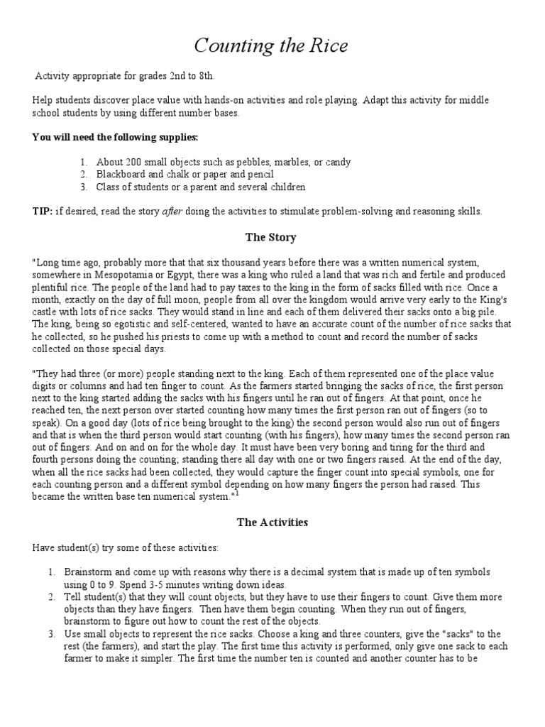 Counting The Rice - Place Value Activity | PDF | Decimal